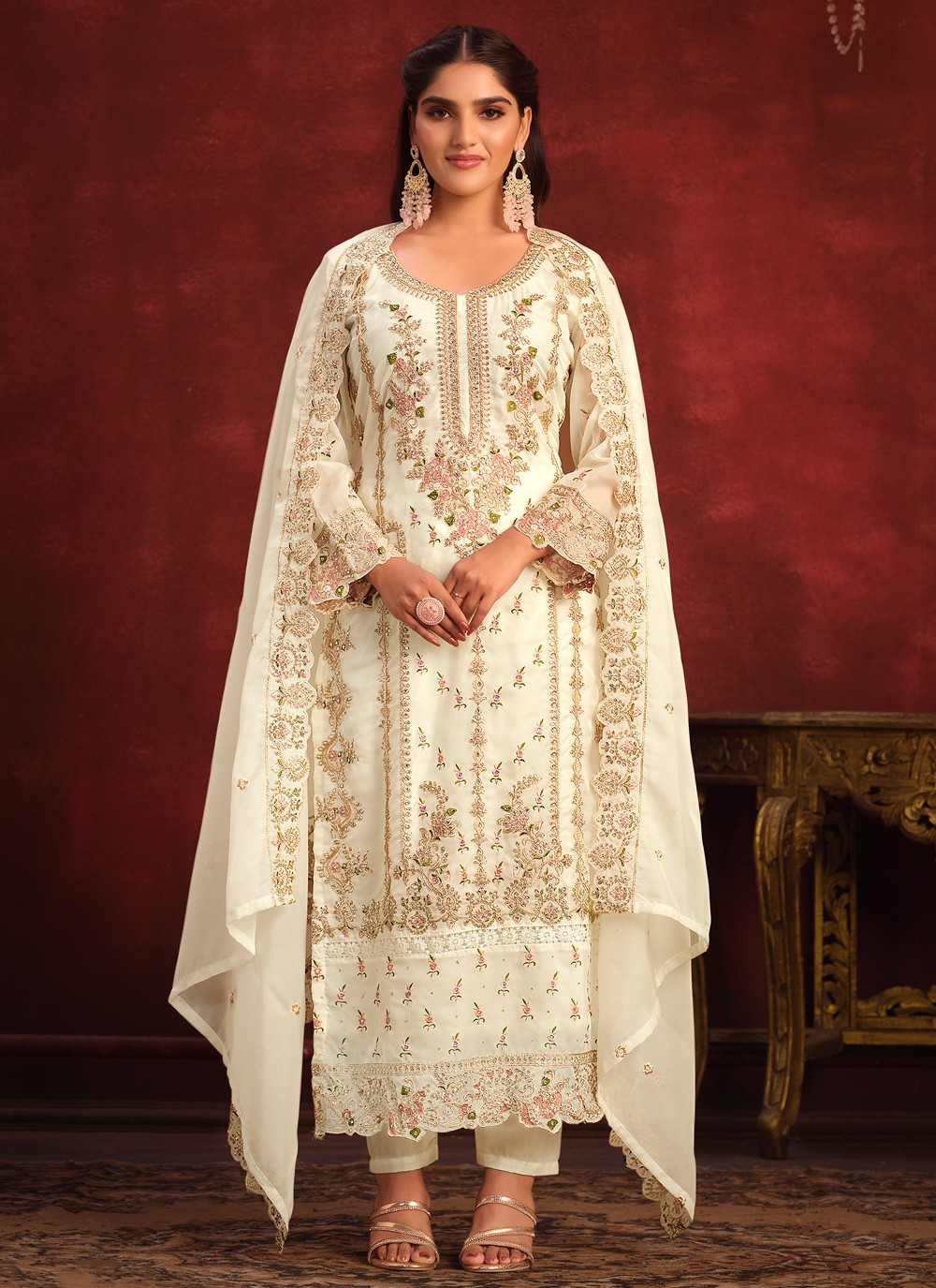 Buy Off White Zari Organza Pakistani Salwar Kameez : 270978