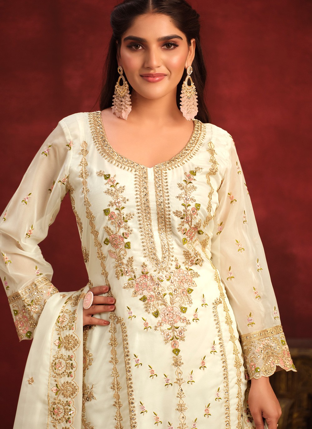 Buy Off White Zari Organza Pakistani Salwar Kameez : 270978