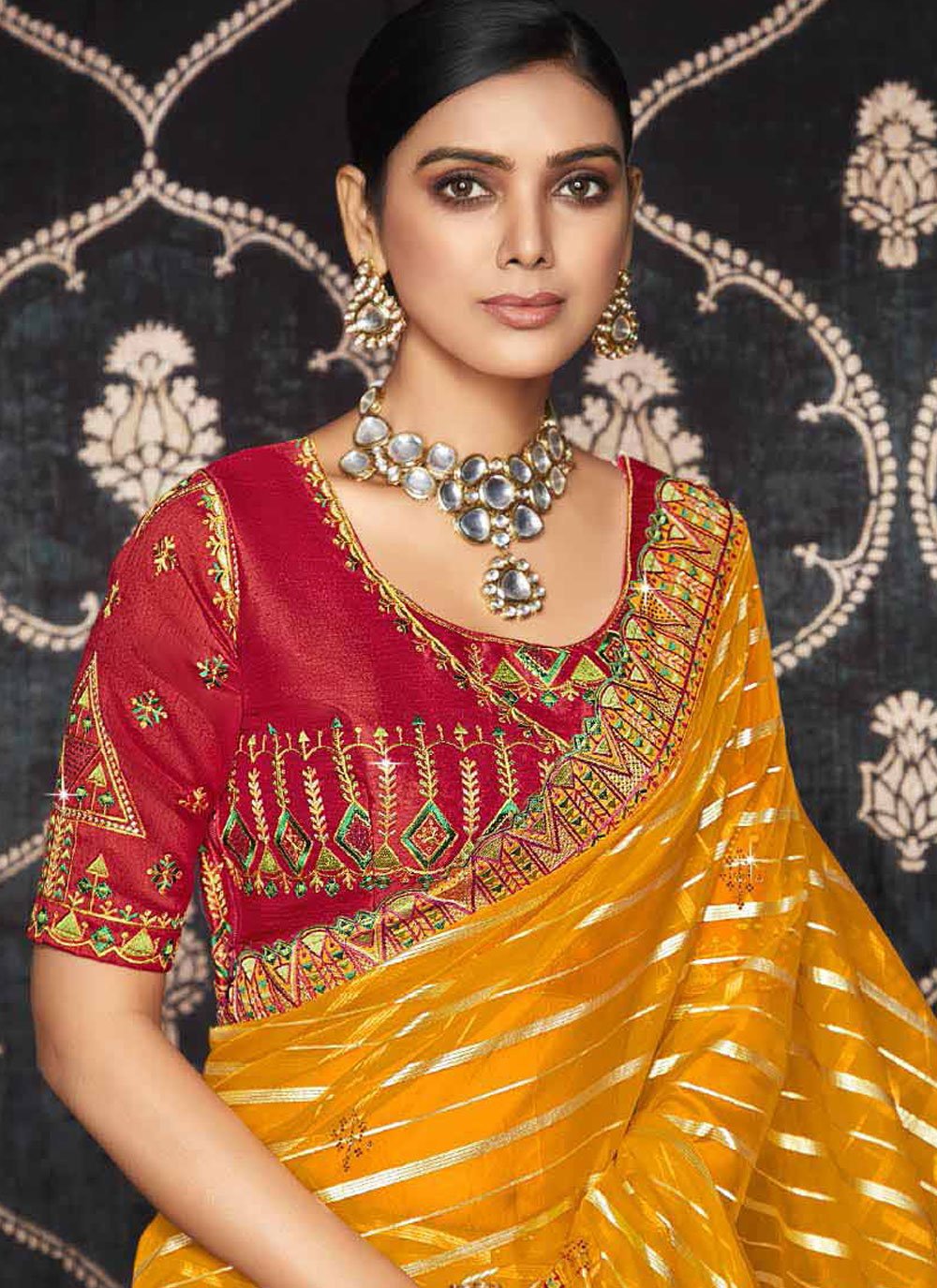 Buy Orange Silk Patch Border and Embroidered Work Classic Sari : 275448