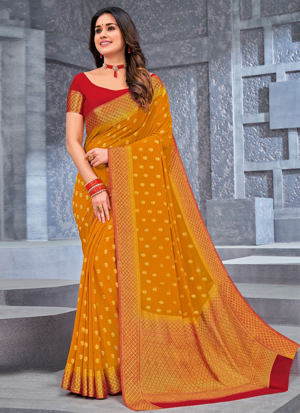 Shop Orange Weaving Chiffon Contemporary Saree Online : 250036