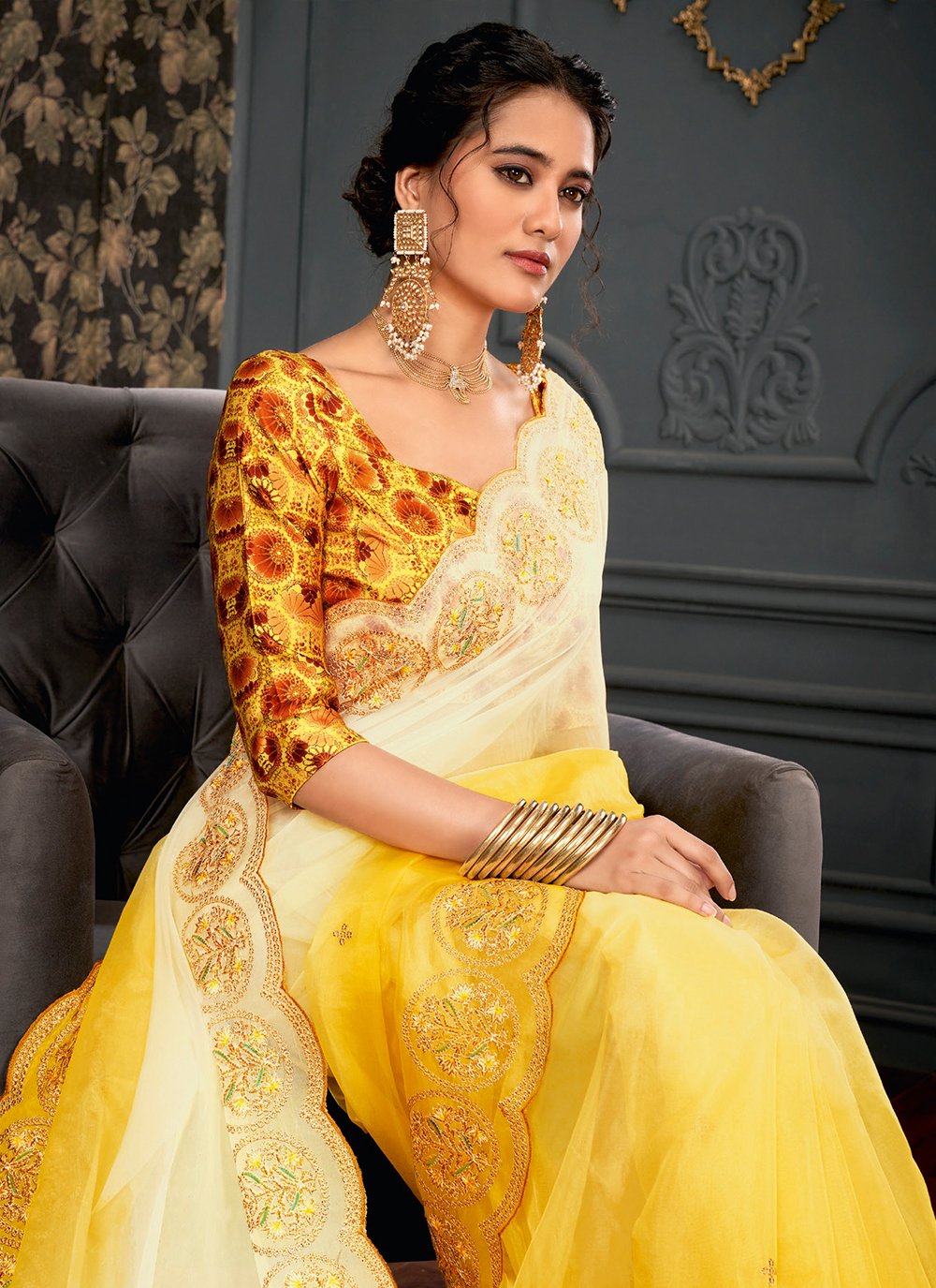 Organza Yellow Classic Saree buy online