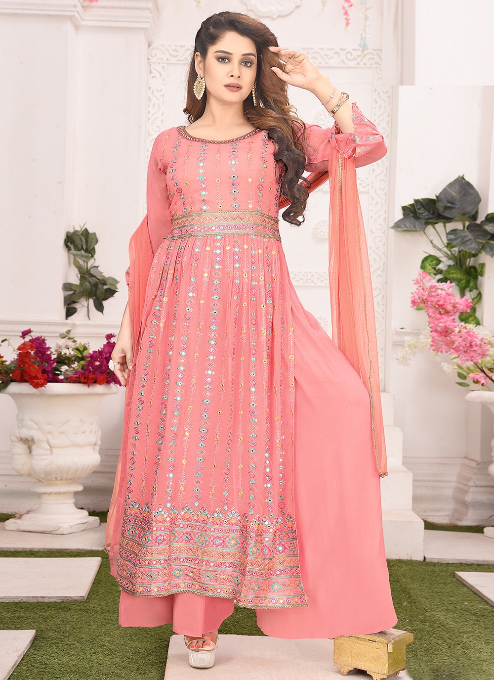 Buy Peach Georgette Mehndi Readymade Salwar Kameez Online : 253430 ...