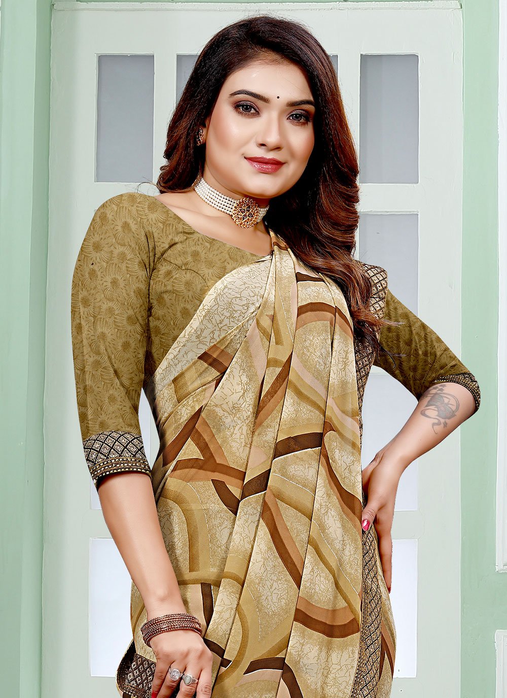 Shop Online Printed Faux Georgette Brown Trendy Saree : 251899