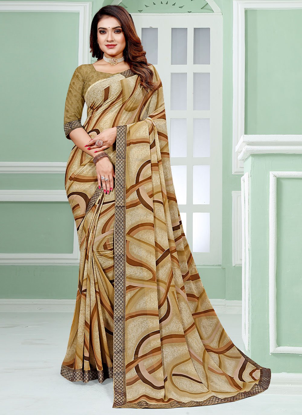 Shop Online Printed Faux Georgette Brown Trendy Saree : 251899