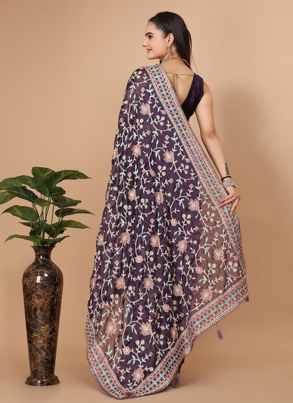 Purple Rangoli Classic Sari with Embroidered Work for Ceremonial Buy ...