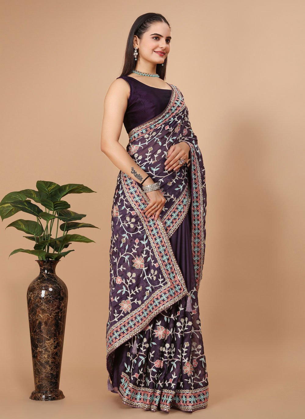 Purple Rangoli Classic Sari with Embroidered Work for Ceremonial Buy ...