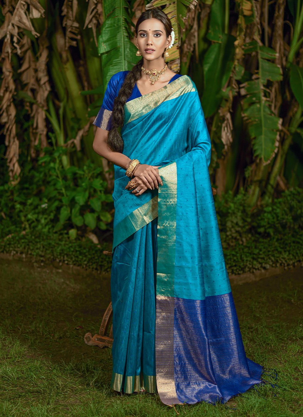 Shop Raw Silk Blue Saree Online : 245276