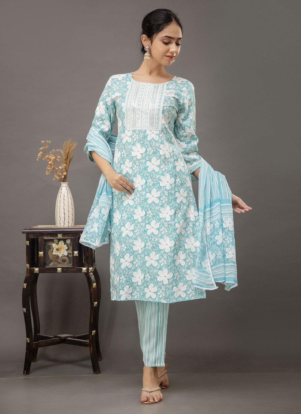 Buy Online Rayon Sea Green Printed Pant Style Suit : 270859 - New Arrivals