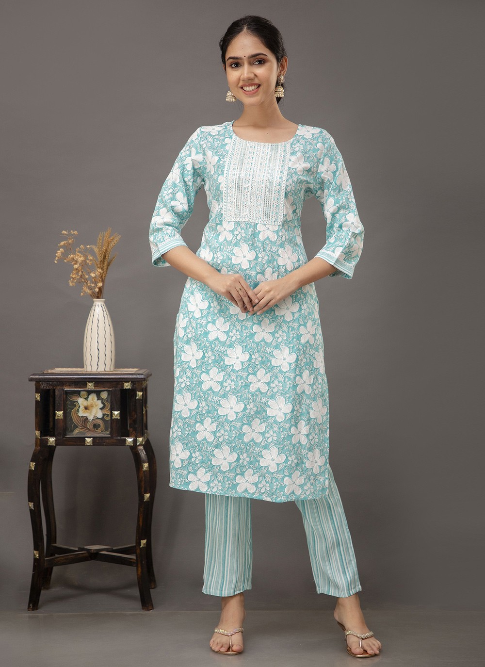Buy Online Rayon Sea Green Printed Pant Style Suit : 270859 - New Arrivals