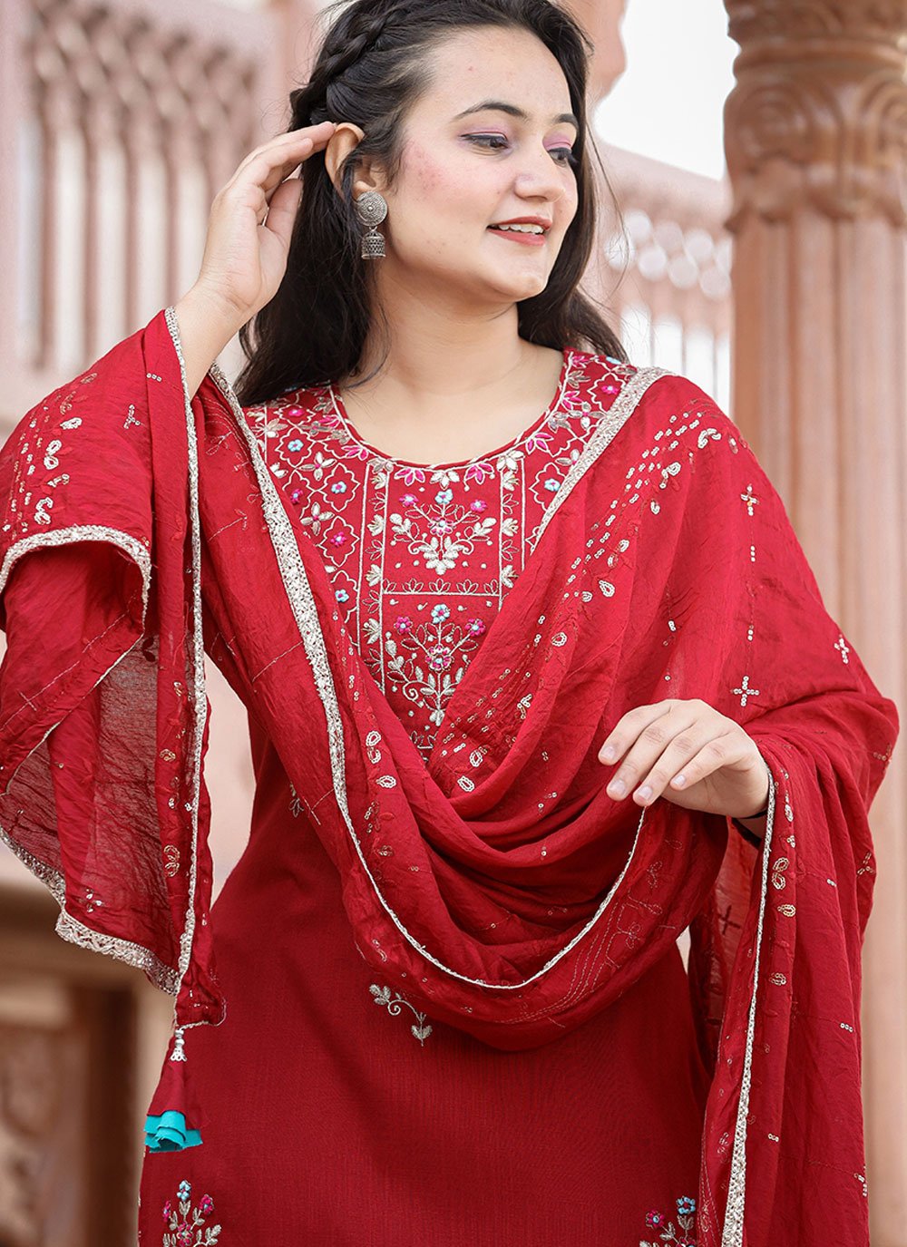 Shop Online Red Embroidered Ceremonial Palazzo Salwar Kameez : 256587