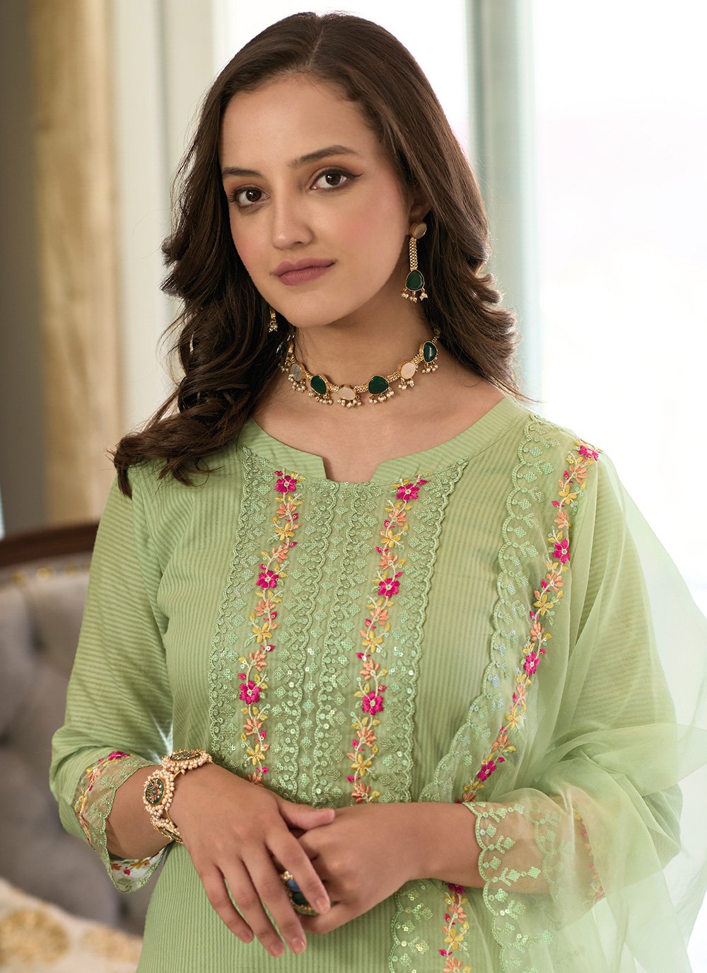 Buy Sea Green Thread Work Pant Style Suit Online : 262737