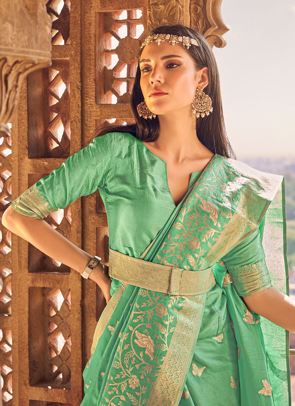 Buy Online Sea Green Weaving Mehndi Saree : 249864