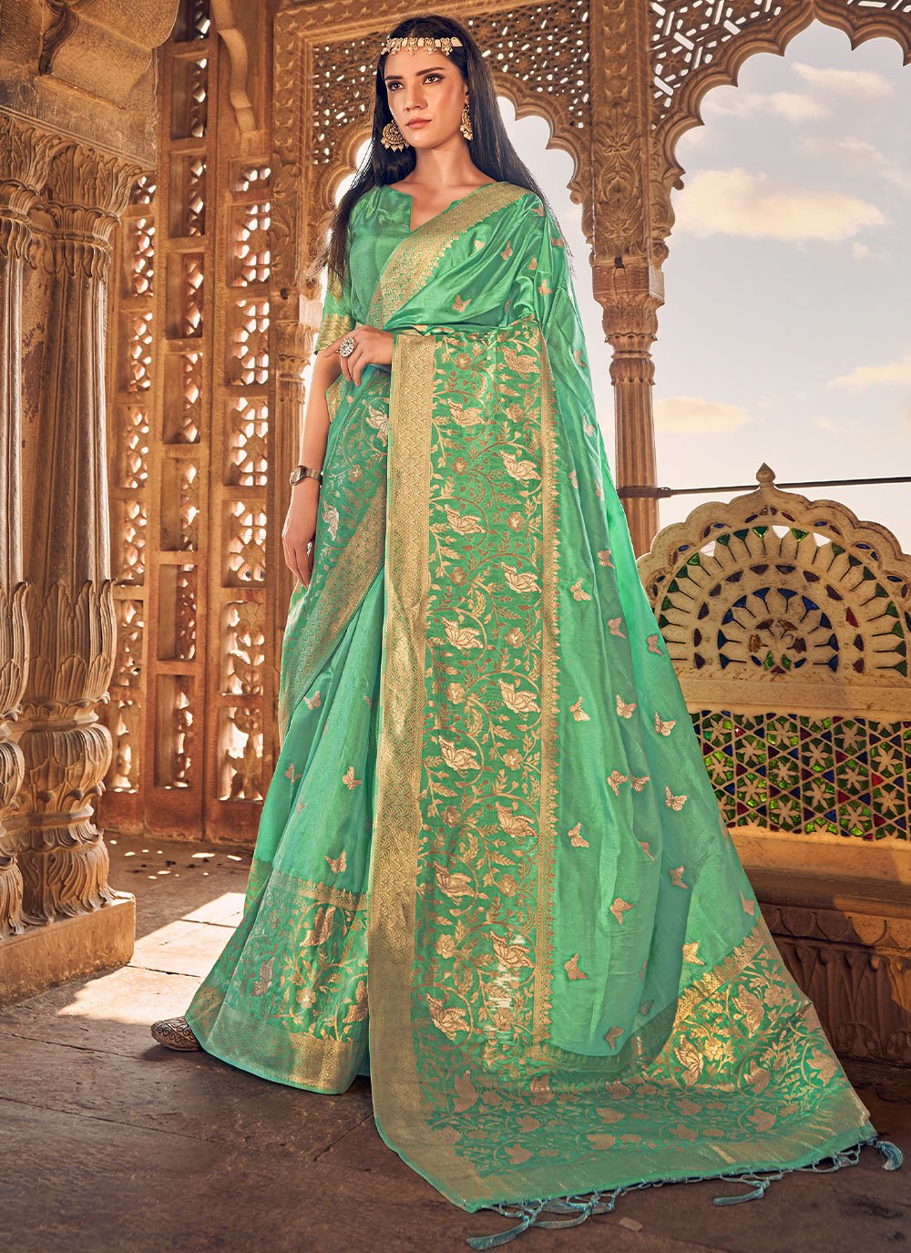 Buy Online Sea Green Weaving Mehndi Saree : 249864