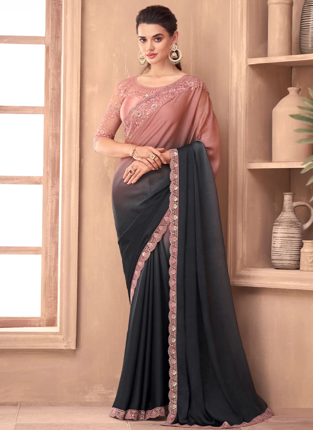 Buy Silk Border Black and Rose Pink Contemporary Saree Online : 249312