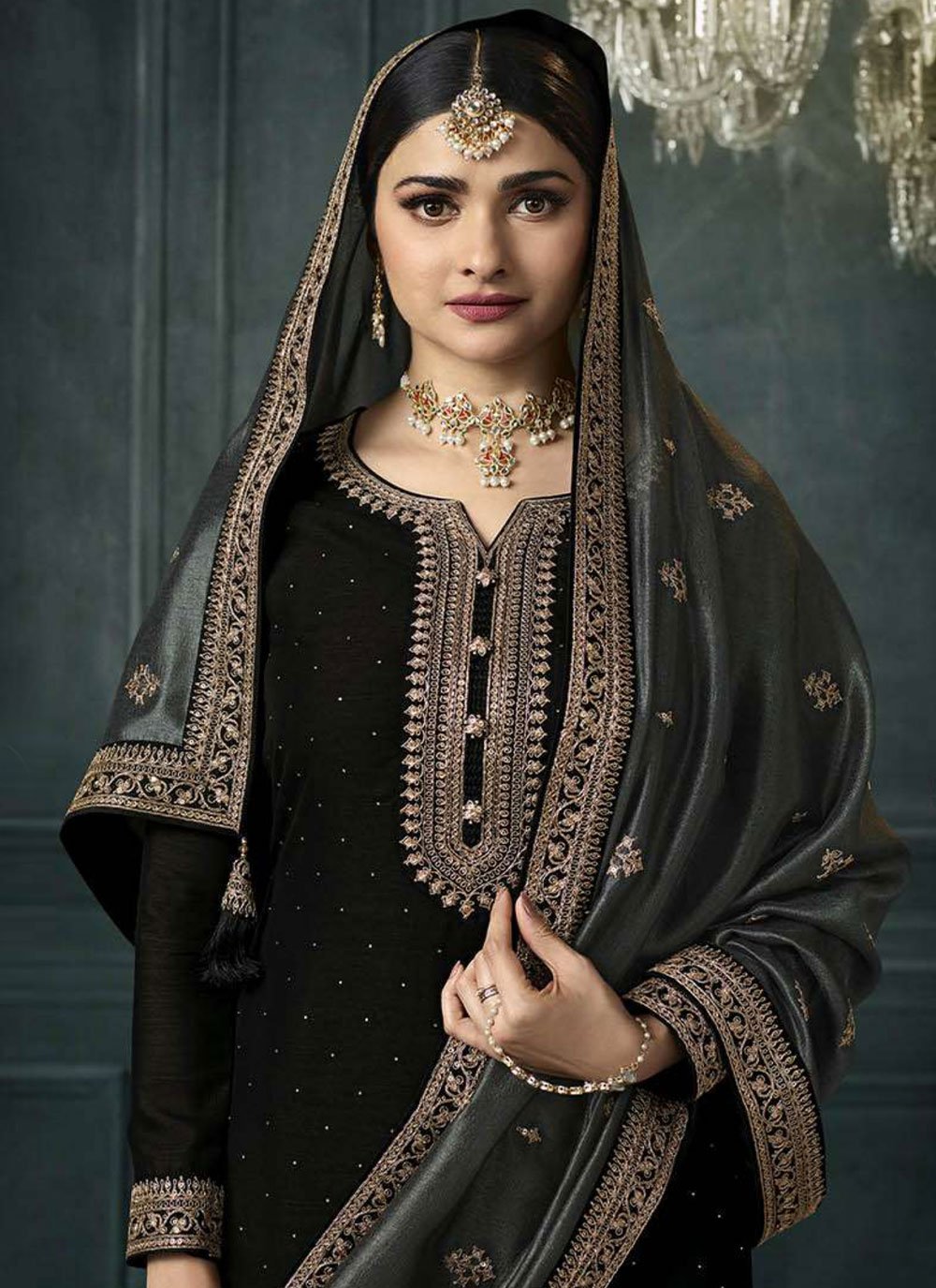 Silk Embroidered Pakistani Salwar Kameez in Black buy online