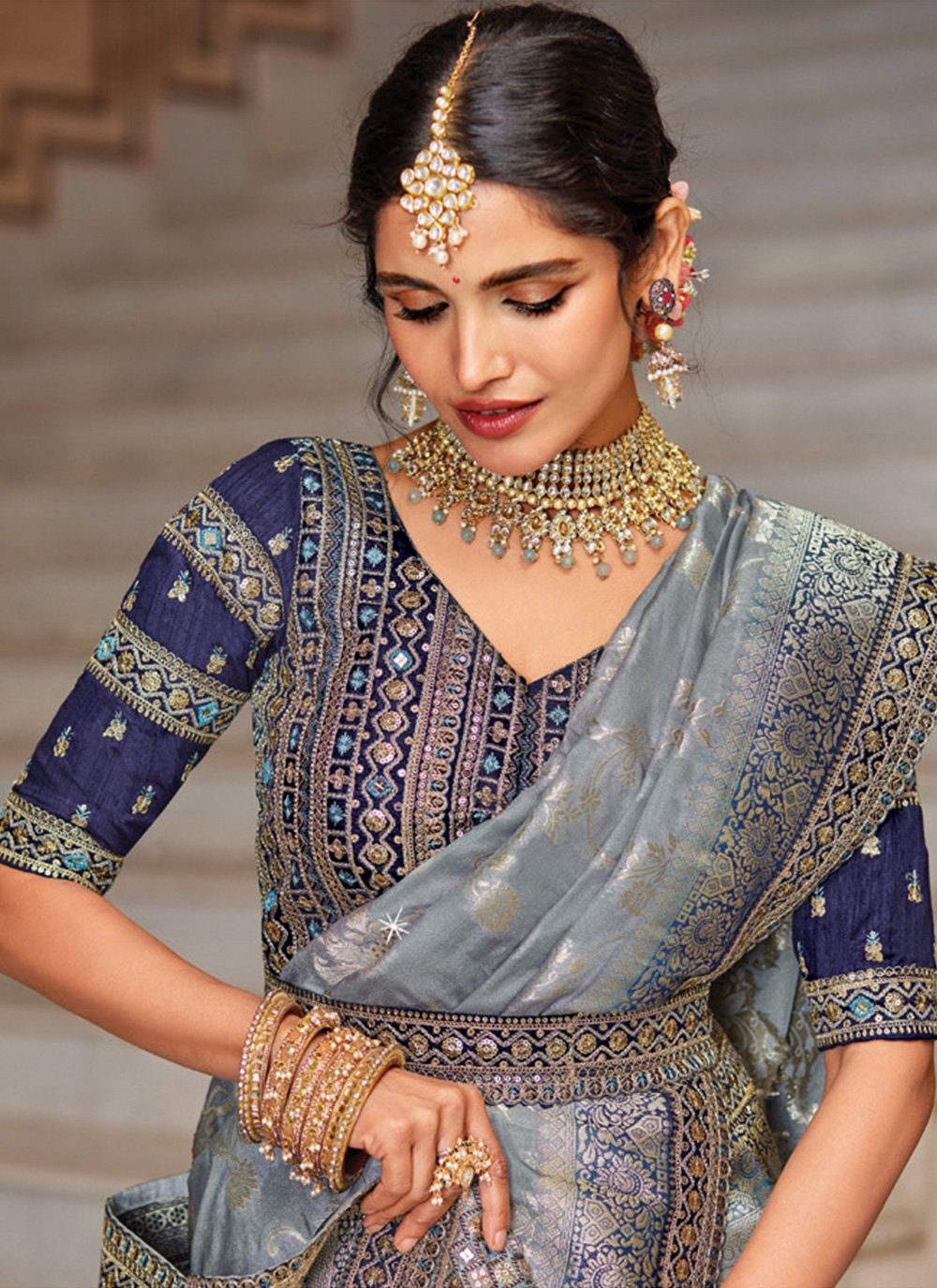 Buy Silk Grey Diamond Classic Saree Online