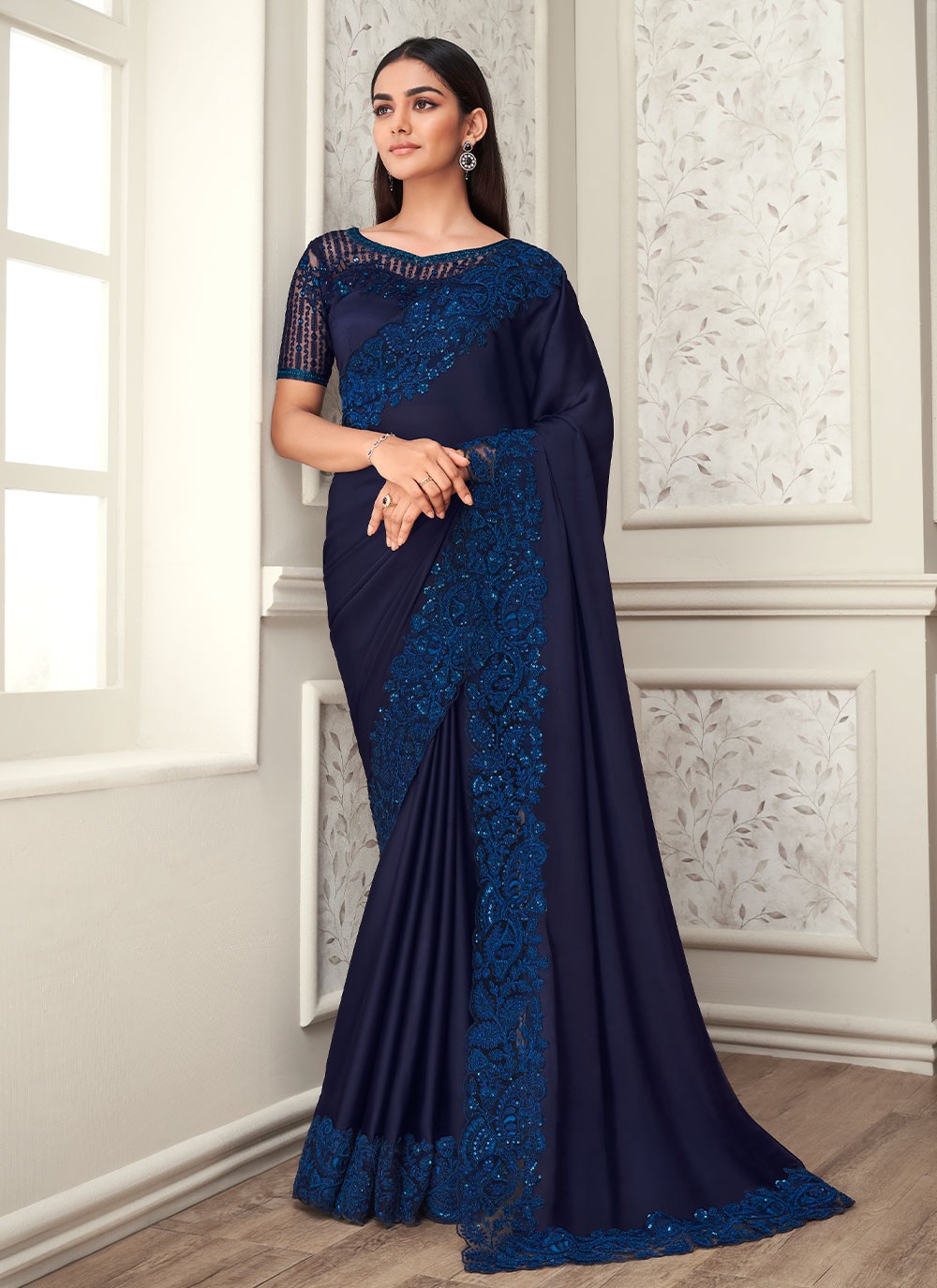 Buy Silk Navy Blue Embroidered Trendy Saree Online : 252775