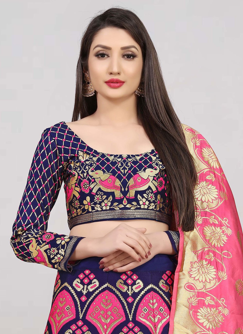 Shop Online Silk Navy Blue Jacquard Work Lehenga Choli : 247051