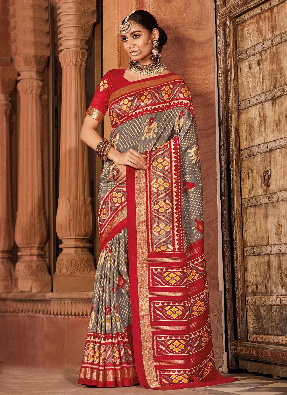 Buy Silk Patola Print Crimson and Red Contemporary Style Saree Online ...