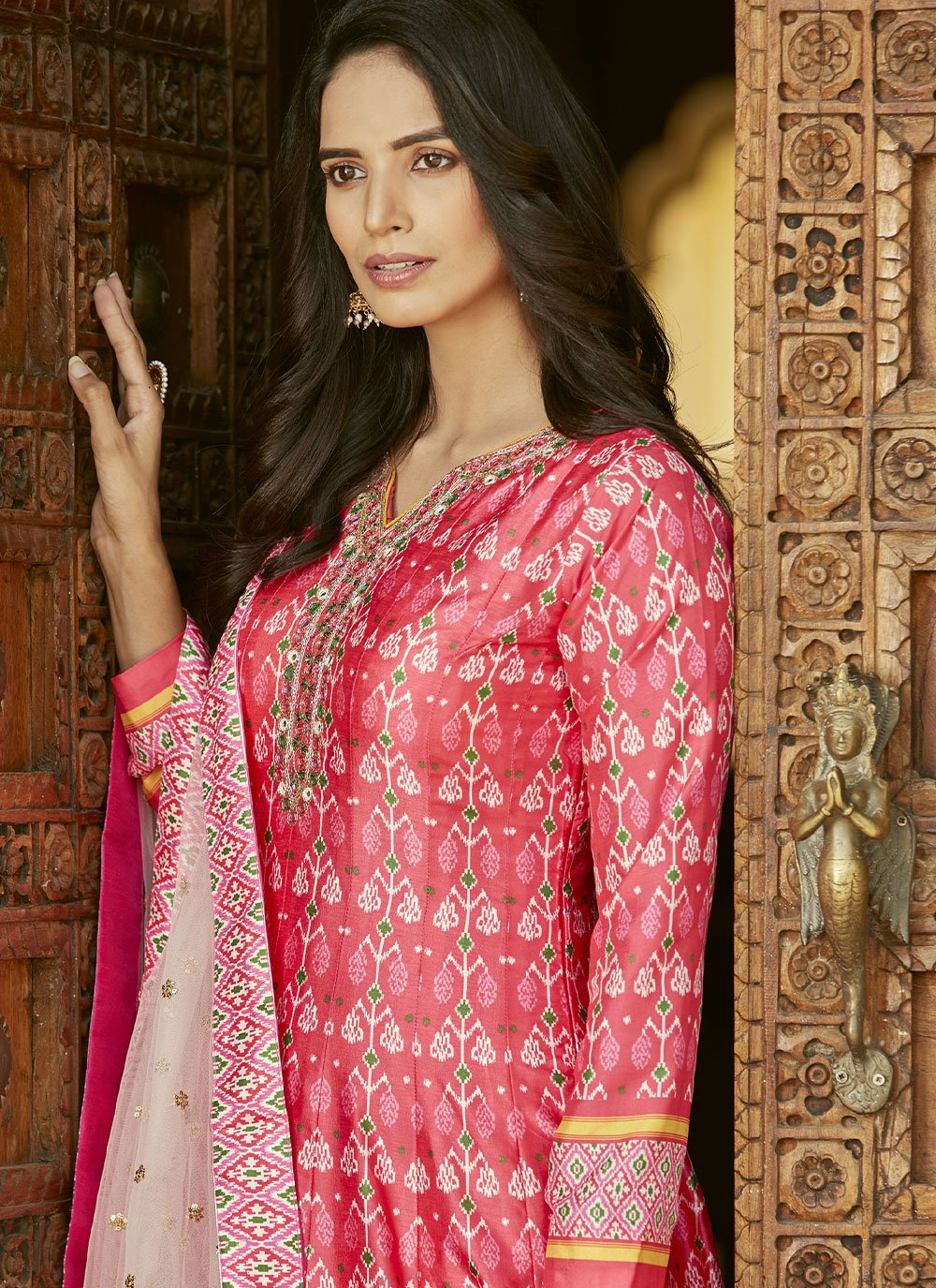 Buy Online Silk Pink Patola Print Trendy Gown : 254560