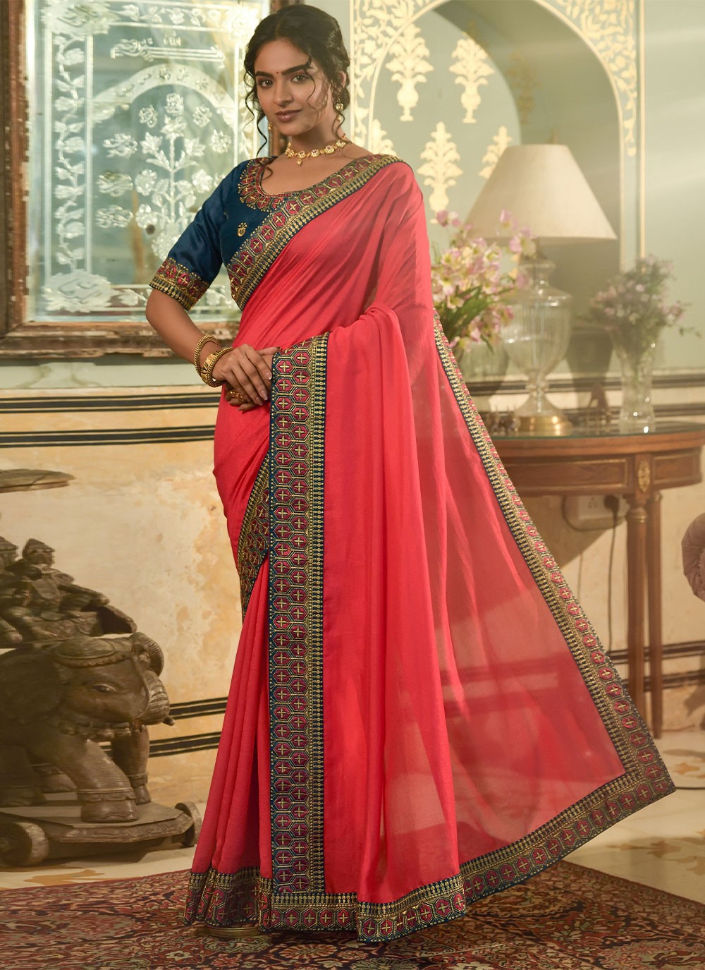 Buy Vichitra Silk Mehndi Saree : 250719