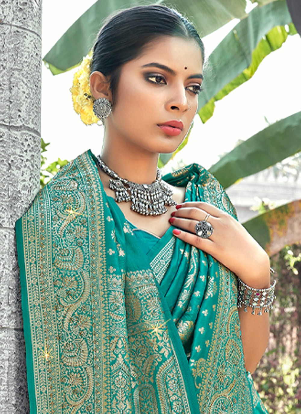 Weaving Banarasi Silk Traditional Saree in Firozi buy online