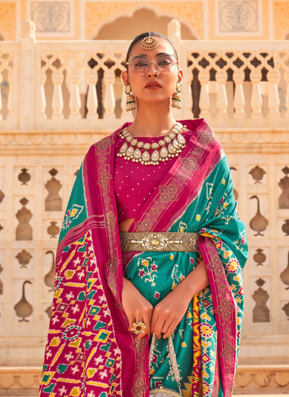 Buy Weaving Silk Pink and Rama Saree Online : 250445