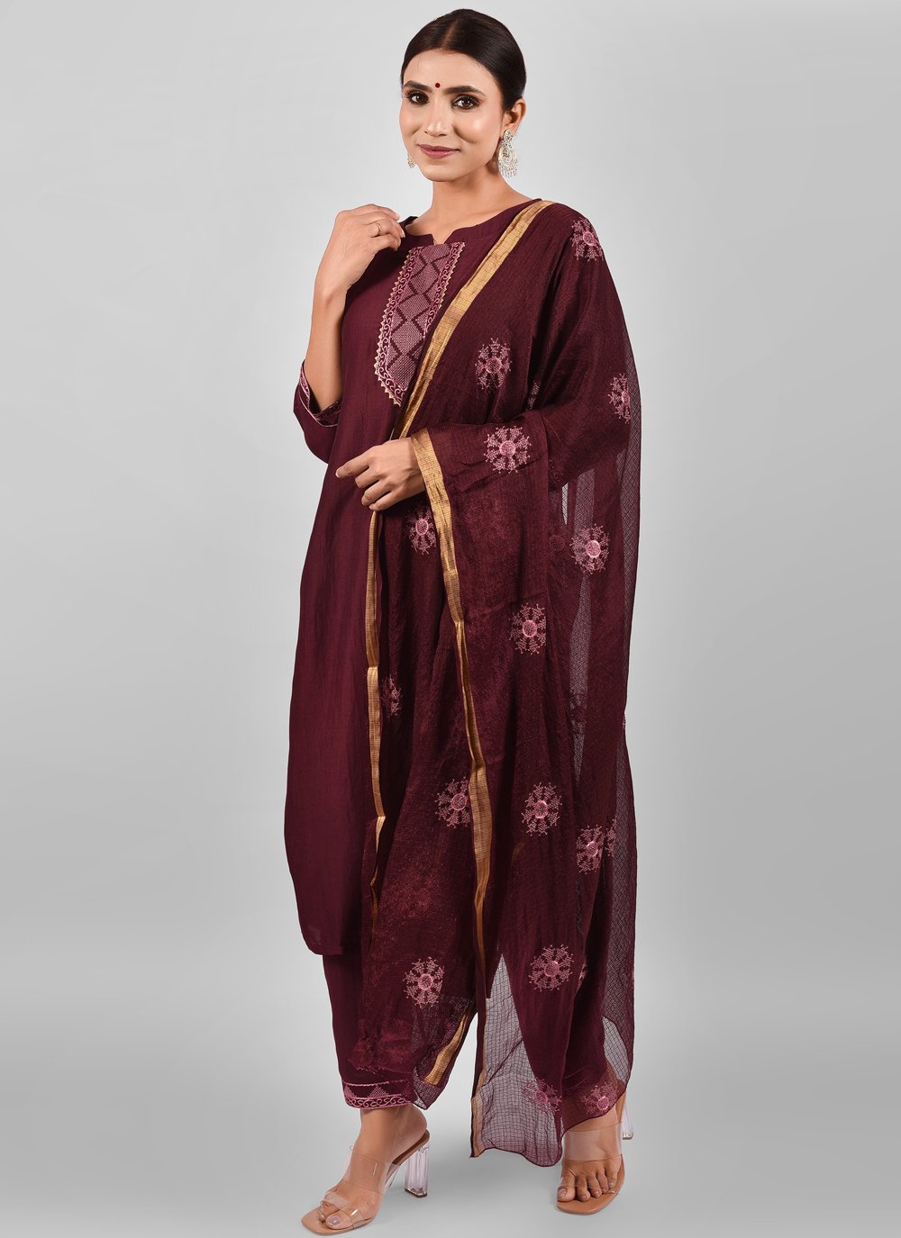 Shop Online Wine Color Pant Style Suit : 254606