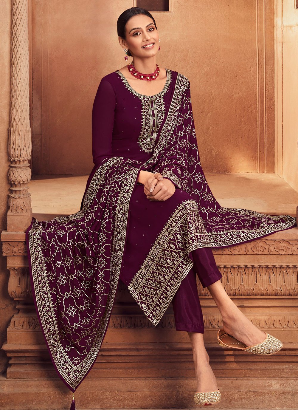 Shop Wine Georgette Pakistani Salwar Kameez Online : 249030