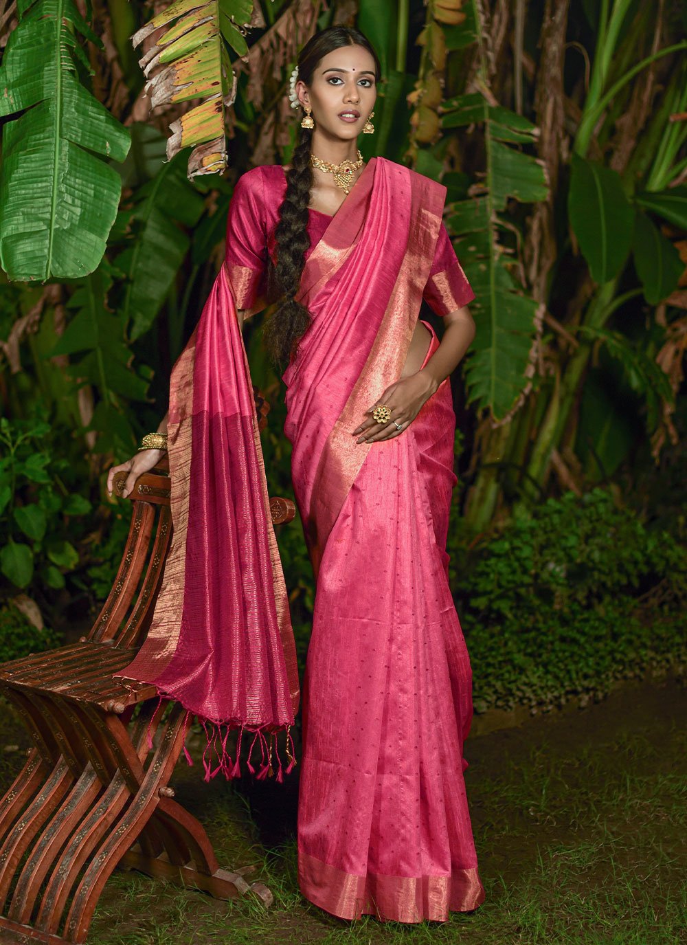 Buy Online Woven Rani Raw Silk Bandhani Saree : 245270