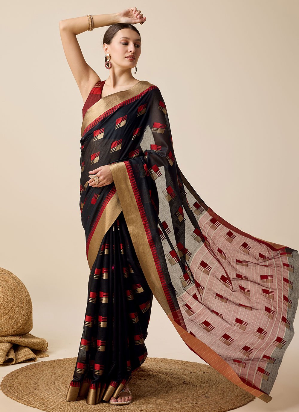 Buy Black Cotton Silk Weaving Work Classic Sari : 292394