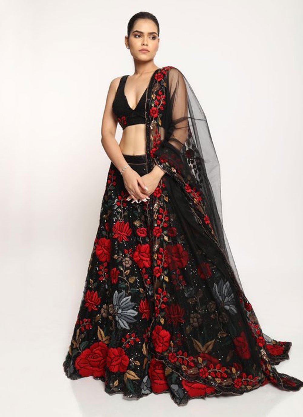 Buy Online Black Net Embroidered, Print and Sequins Work Lehenga Choli ...
