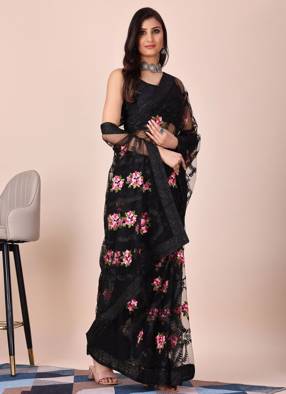 Shop Black Net Embroidered Work Classic Sari for Casual Online : 278976 ...