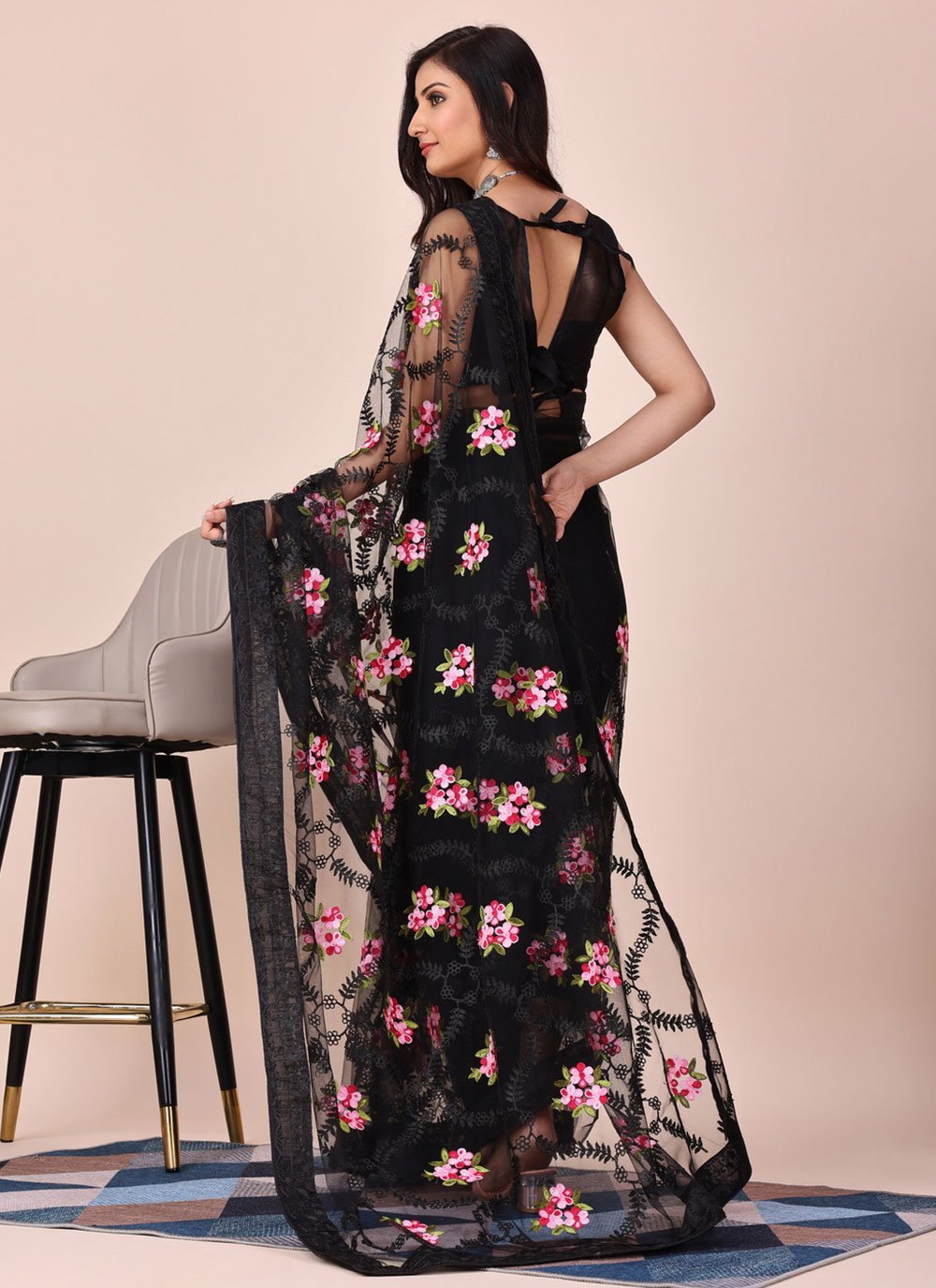 Shop Black Net Embroidered Work Classic Sari for Casual Online : 278976 ...