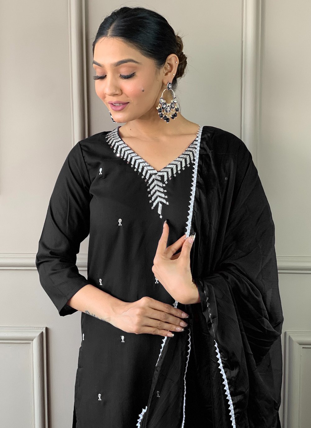 Buy Black Rayon Pant Style Suit with Embroidered, Sequins and Thread ...