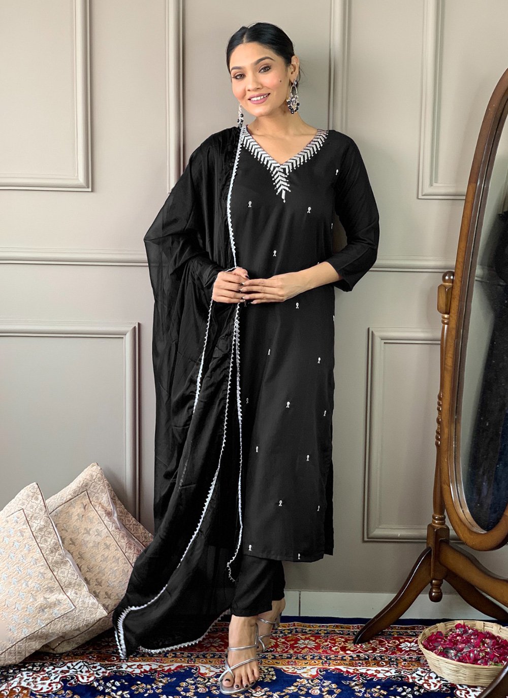 Buy Black Rayon Pant Style Suit with Embroidered, Sequins and Thread ...