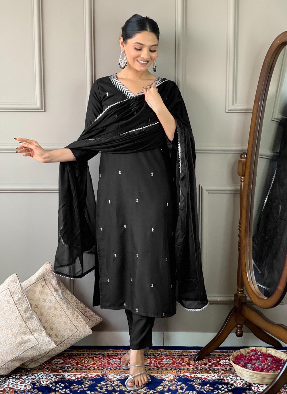 Buy Black Rayon Pant Style Suit with Embroidered, Sequins and Thread ...