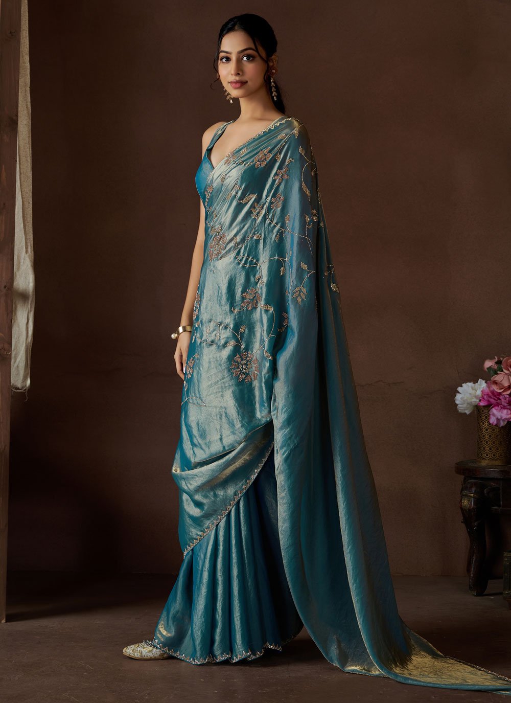Buy Blue and Firozi Satin Silk Cut Dana and Swarovski Work Classic ...