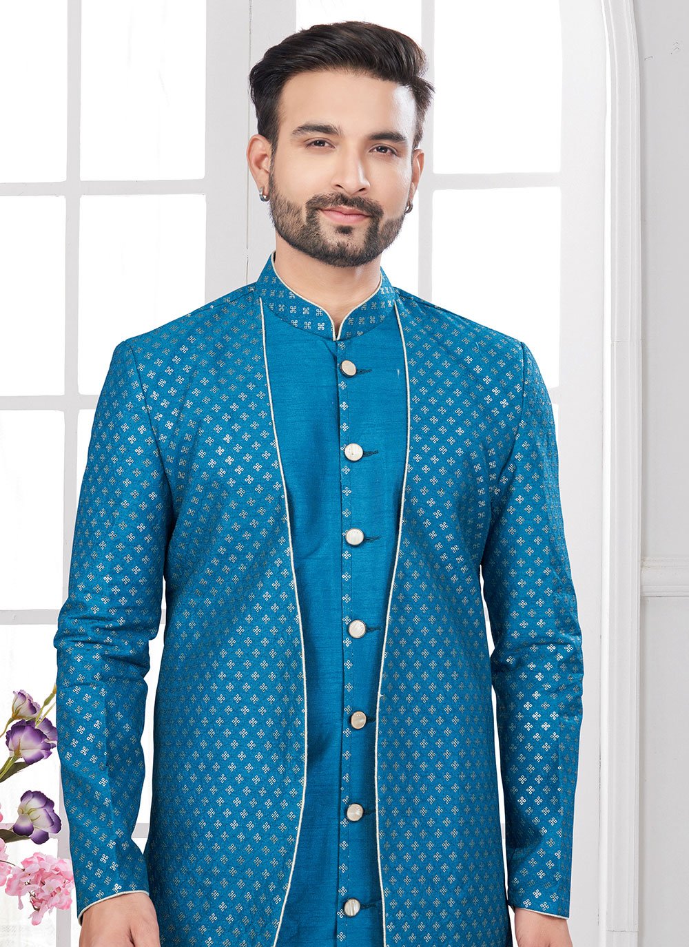 Shop Online Blue Banarasi Silk Buttons, Machine Embroidery and Thread ...