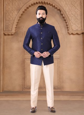 Green Jacquard Jodhpuri Suit with Print Work for Men Buy Online