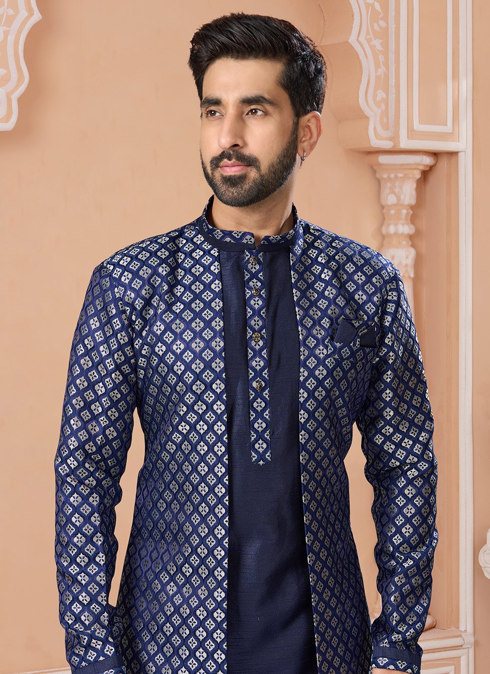 Buy Online Blue Machine Embroidery, Stone and Thread Work Banarasi ...