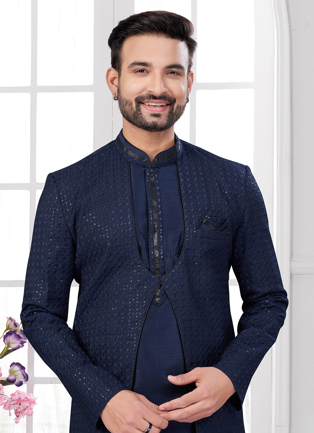 Buy Blue Silk Buttons, Machine Embroidery and Thread Work Sherwani Mens ...