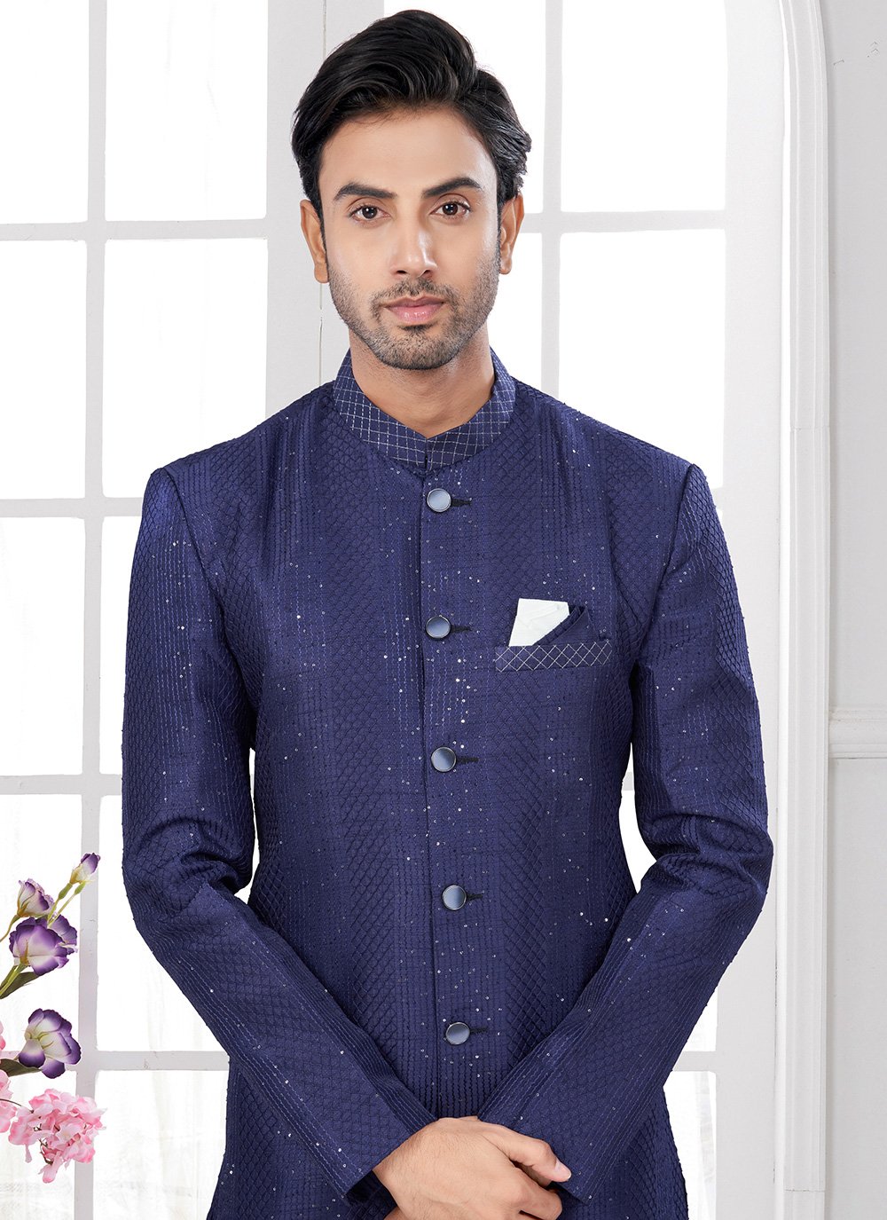 Shop Online Blue Silk Indo Western with Machine Embroidery, Stone and ...