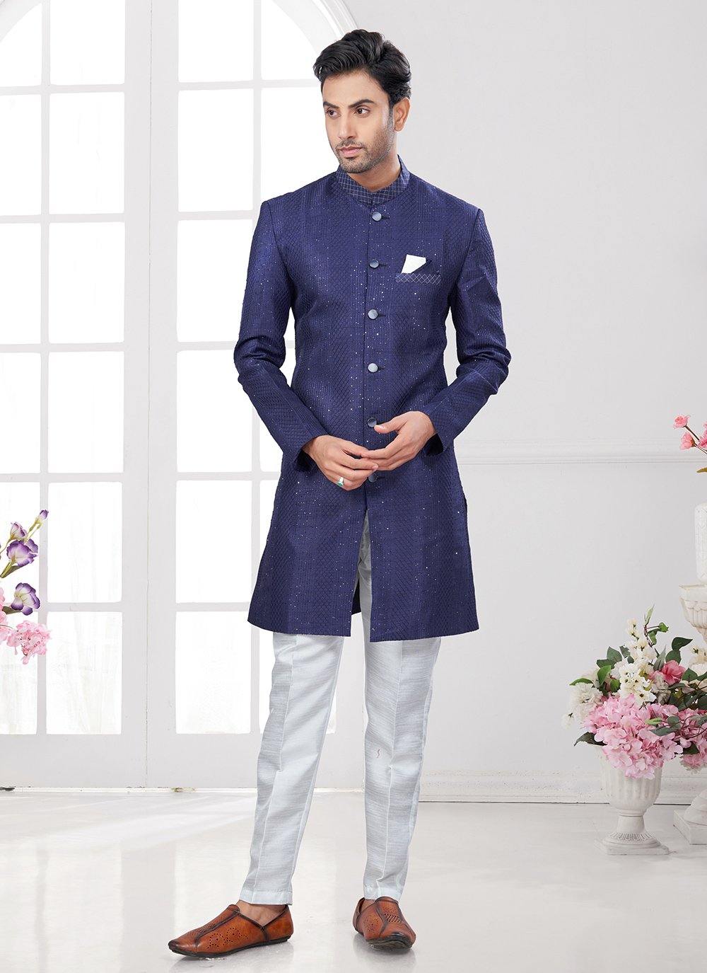 Shop Online Blue Silk Indo Western with Machine Embroidery, Stone and ...