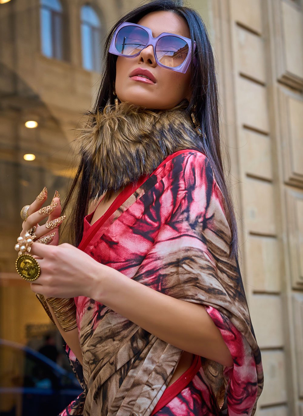 Buy Online Catchy Multi Colour Faux Crepe Classic Saree with Print Work ...