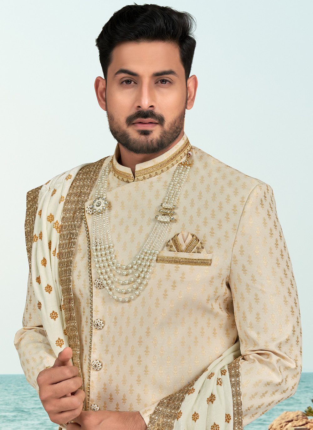 Buy Cream Banarasi Silk Thread and Zari Work Sherwani Mens Wear for Men ...