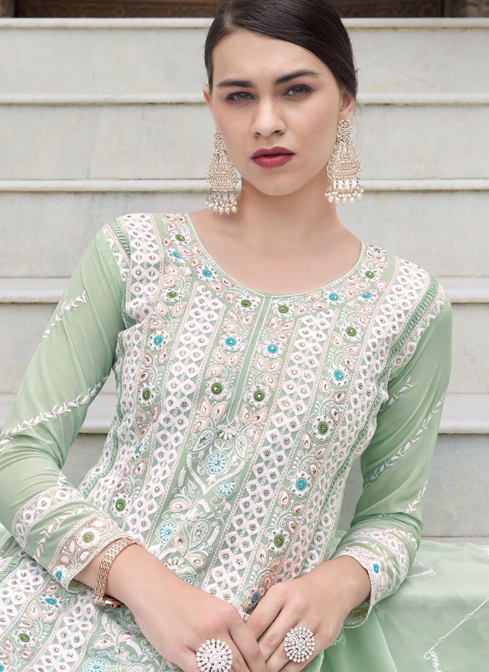 Embroidered and Moti Work Faux Georgette Readymade Salwar Suit In Sea ...