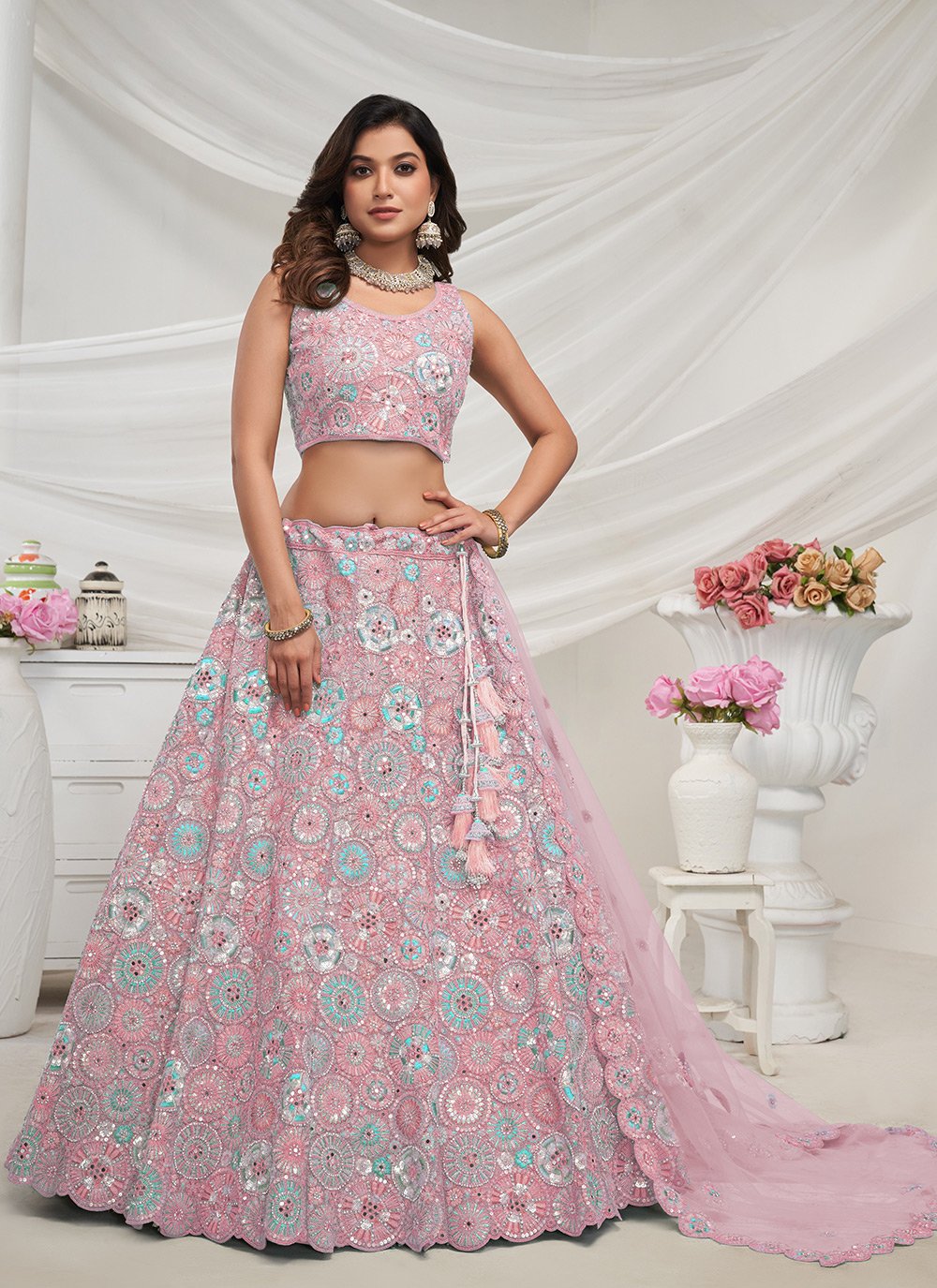 Embroidered and Stone Work Net Designer In Pink for Ceremonial Buy Online