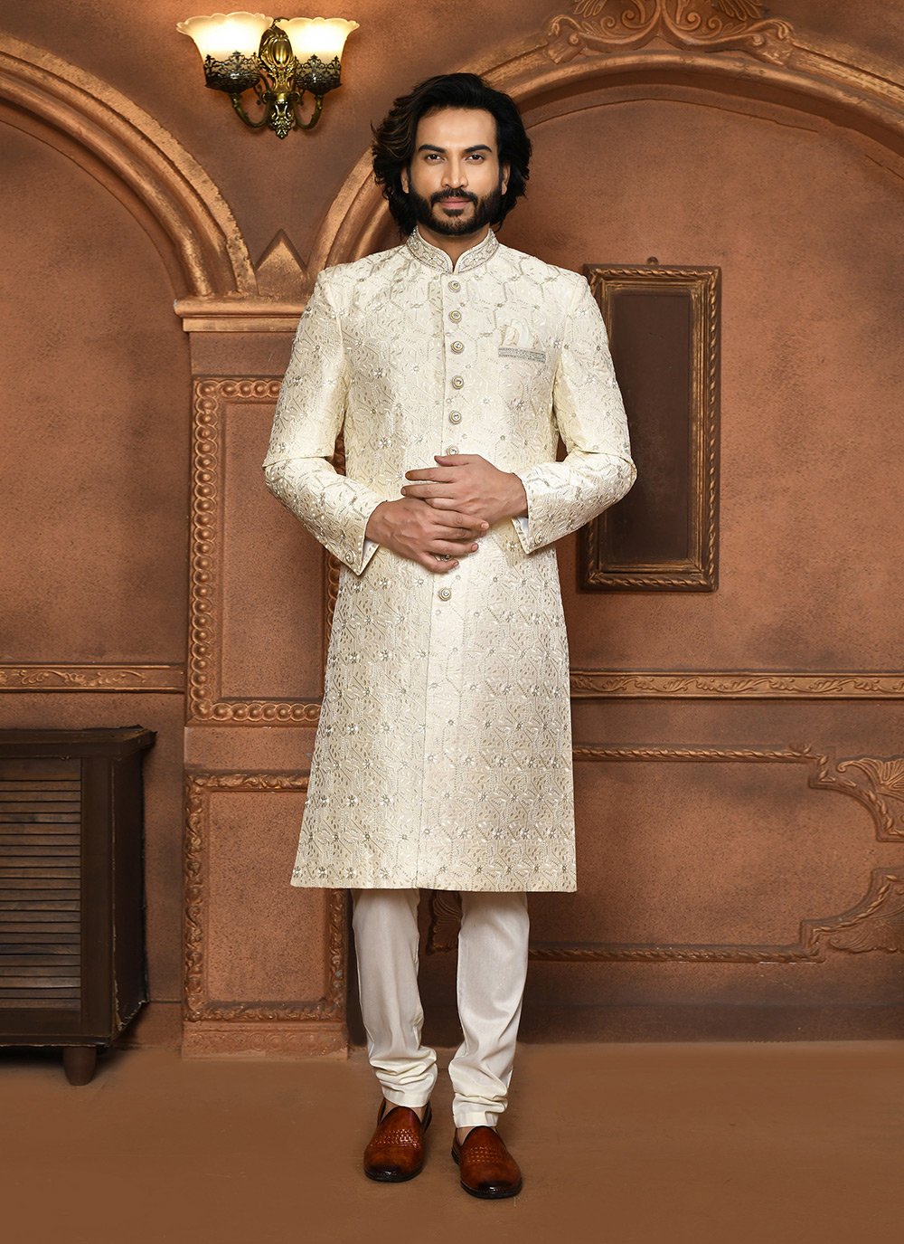 Buy Online Embroidered, Hand and Resham Work Art Silk Sherwani Mens ...