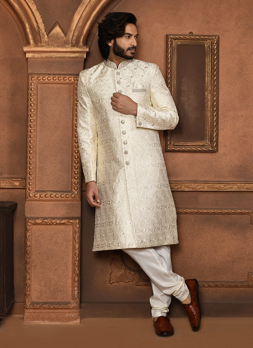 Buy Online Embroidered, Hand and Resham Work Art Silk Sherwani Mens ...